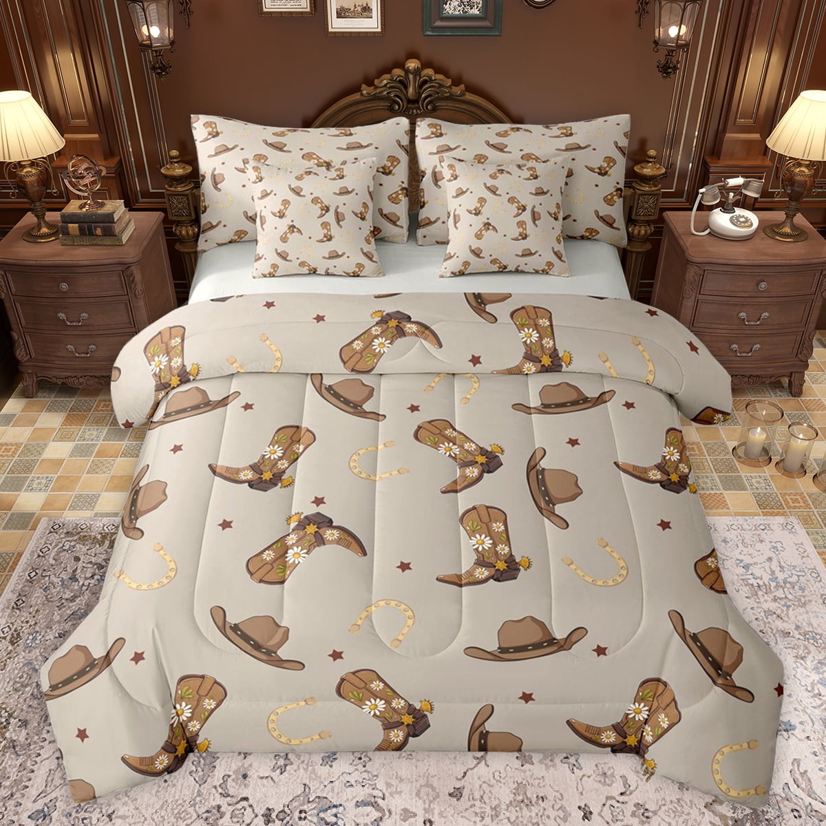 jejeloiu Vintage Cowboy Boots 7-Piece Twin Bedding Set Western Hat ...