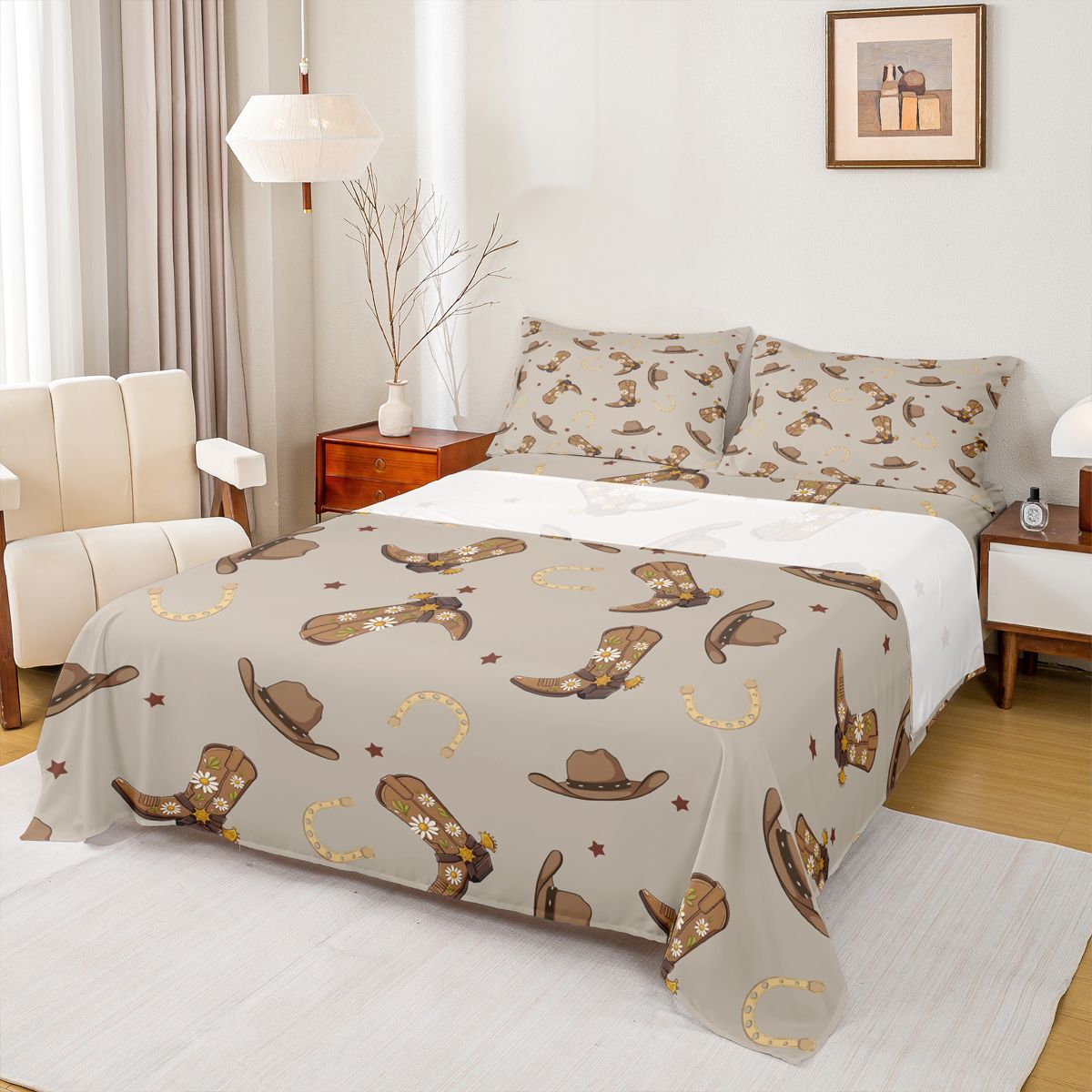 jejeloiu Vintage Cowboy Boots Bed Sheets,Rustic Western Hat King Sheets ...