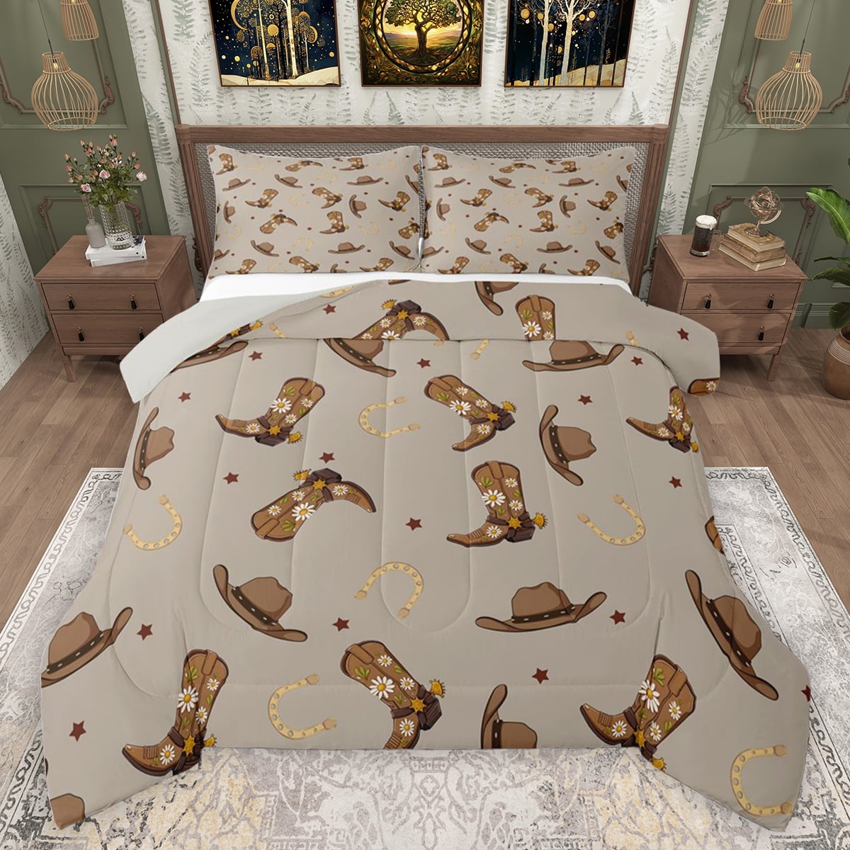 jejeloiu Vintage Cowboy Boots Full Size Comforter Sets,Rustic Western ...