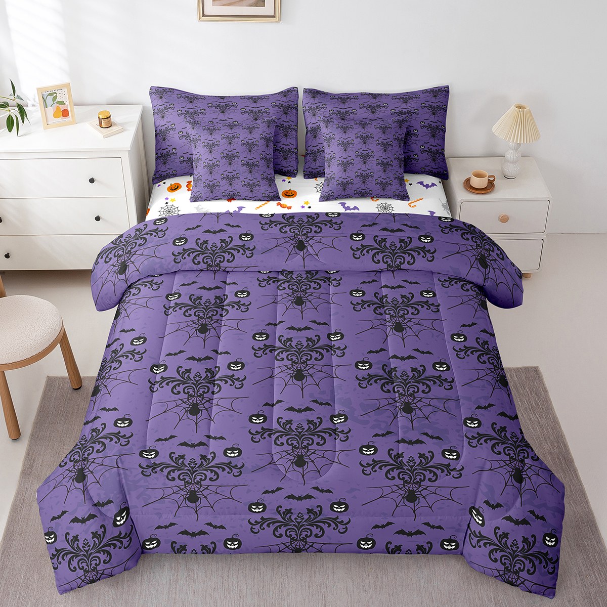 jejeloiu Vintage Damask Jacquard Bedding Comforter Set,7-Piece,Spooky ...