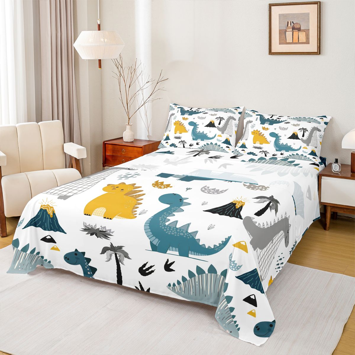 jejeloiu Vintage Dinosaur Full Size Sheets,Happy Camping Bed Sheets ...