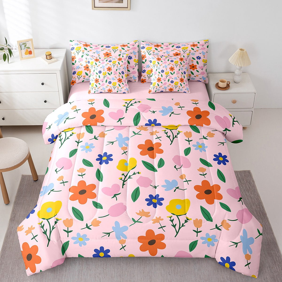jejeloiu Vintage Flower Floral Bedding Comforter Set,7 Pieces,Tropical ...