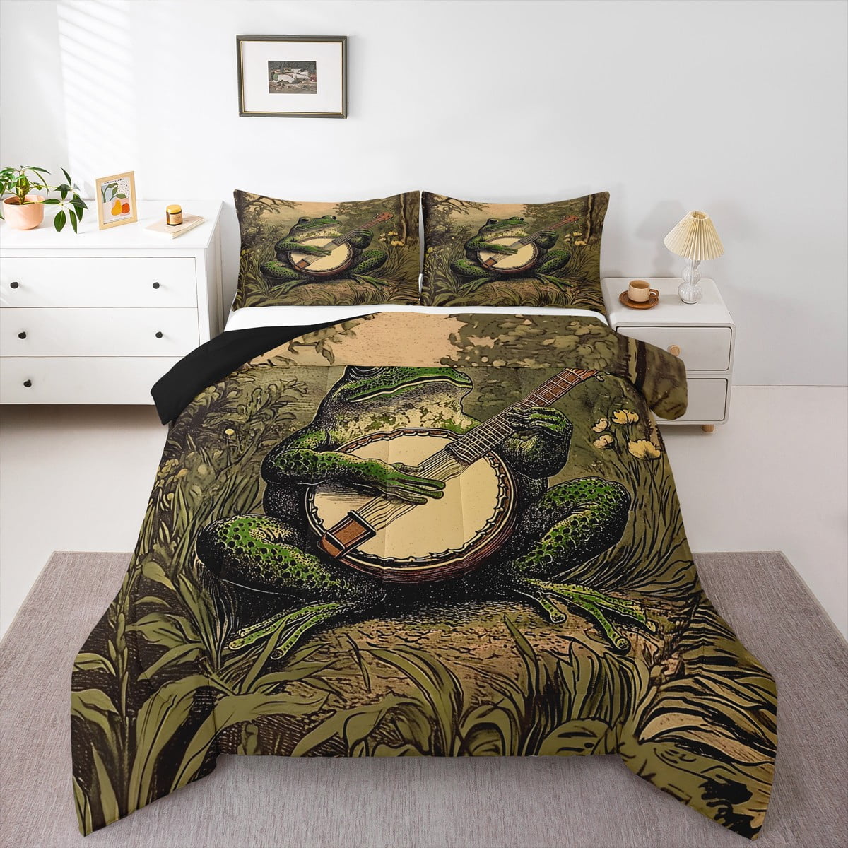 jejeloiu Vintage Frog Queen Comforter Set,Acoustic Guitar Bedding Sets ...