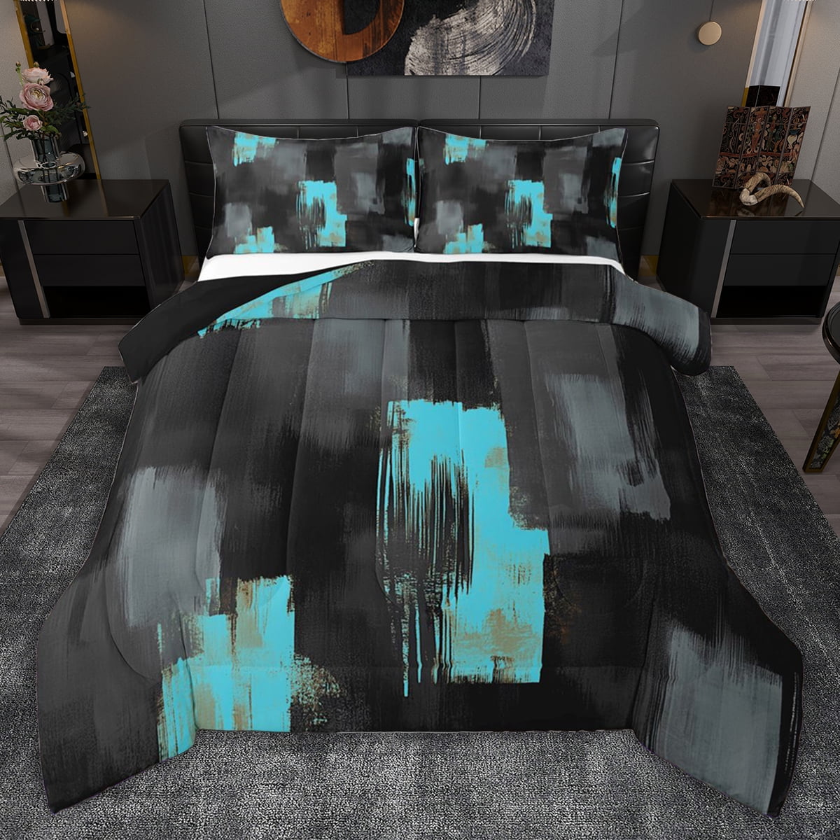 jejeloiu Vintage Geometric Design Full Size Comforter Sets,Black Cyan ...