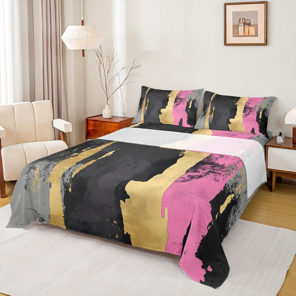 jejeloiu Vintage Geometric Design Queen Sheet Sets,Black Pink Gold Bed ...
