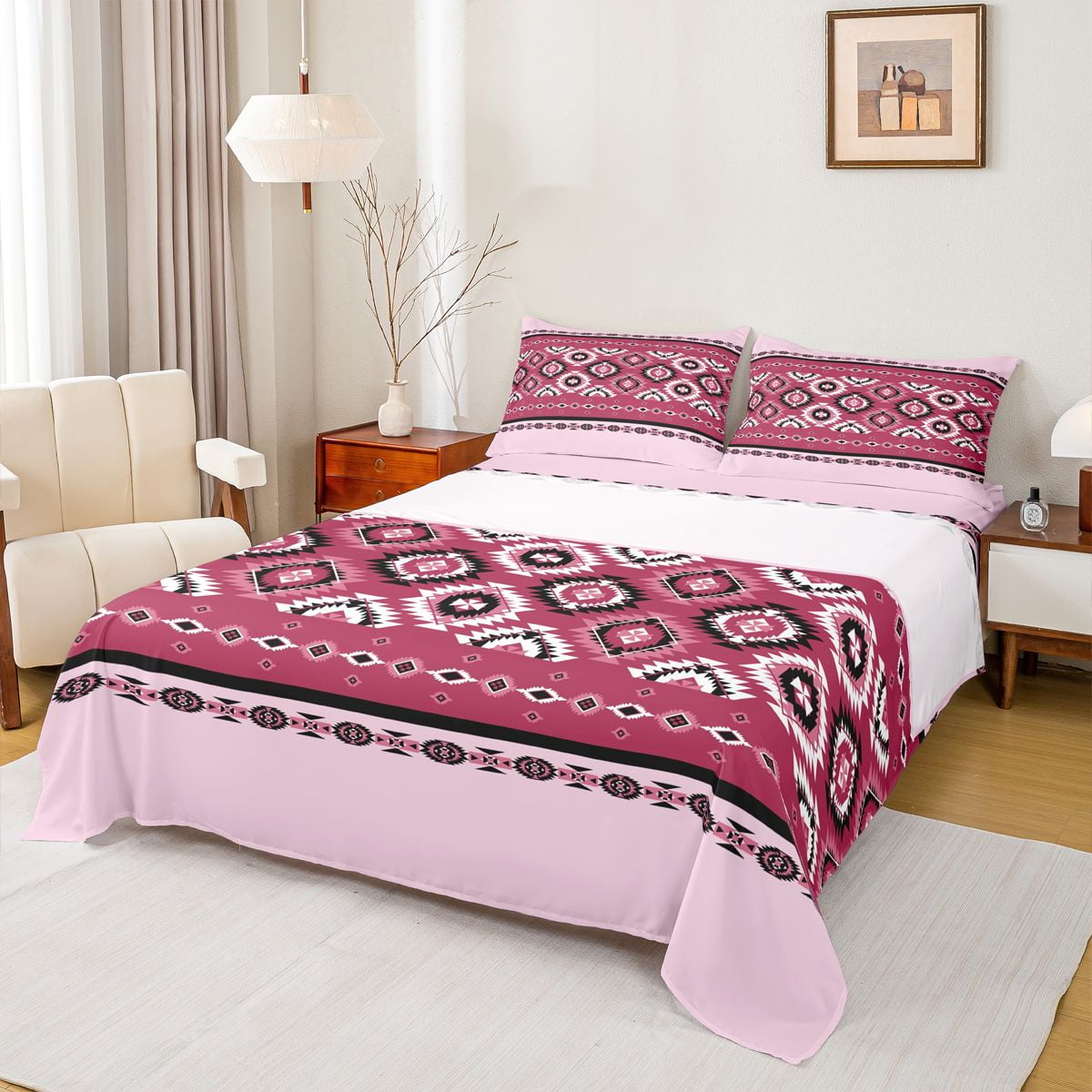 jejeloiu Vintage Geometric Rhombus Full Size Sheets,Pink Black Aztec ...