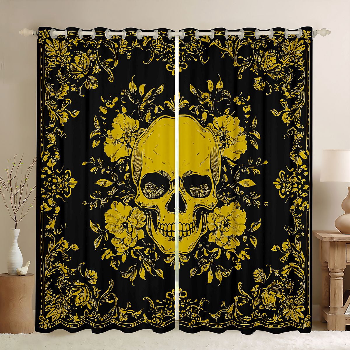 jejeloiu Vintage Skull Black Out Curtains,Gothic Skeleton Pattern ...