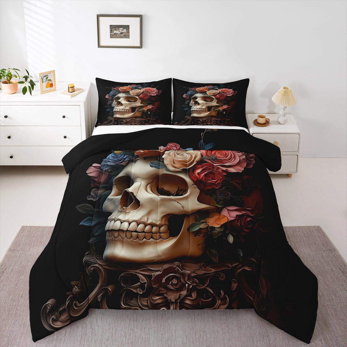 jejeloiu Vintage Skull Queen Comforter Set,Gothic Theme Bedding Sets ...