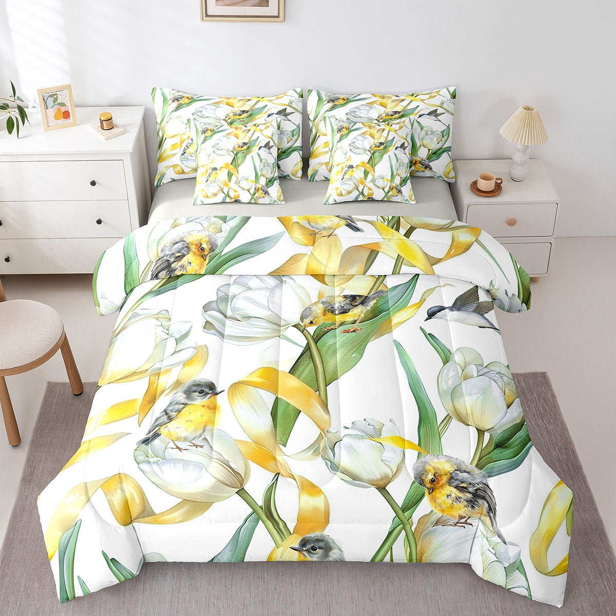 jejeloiu Vintage Tulip Floral Bedding Comforter Set 7pcs,Cute Birds ...