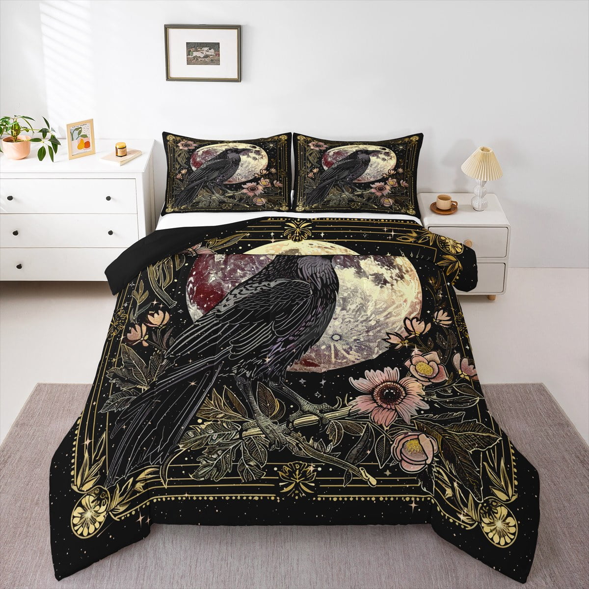 jejeloiu Vlack Crow Queen Comforter Set,Plant Floral Daisy Bedding Sets ...