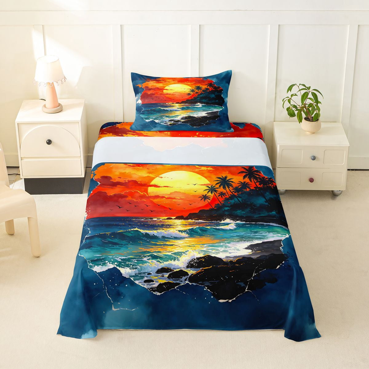 jejeloiu Watercolor Beach Sunset Twin Sheets,Palm Tree Wave Art Bedding ...