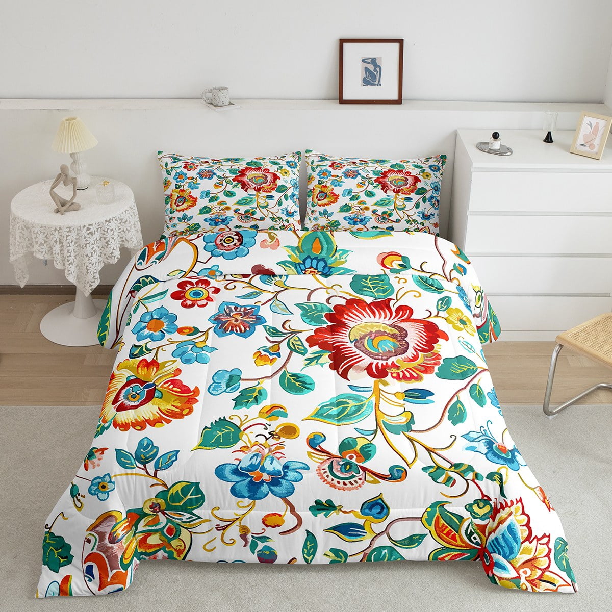 jejeloiu Watercolor Bohemain Floral Bedding Comforter Set,Tropical ...