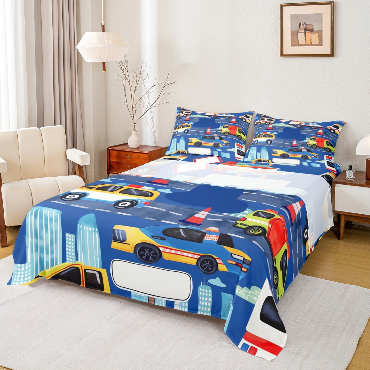 jejeloiu Watercolor Cartoon Car Bed Sheets,Road Traffic King Sheets ...