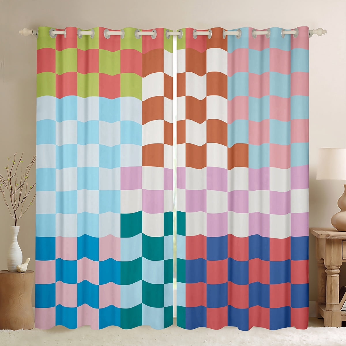 jejeloiu Watercolor Geometry Checkered Blackout Curtains Set of 2 ...