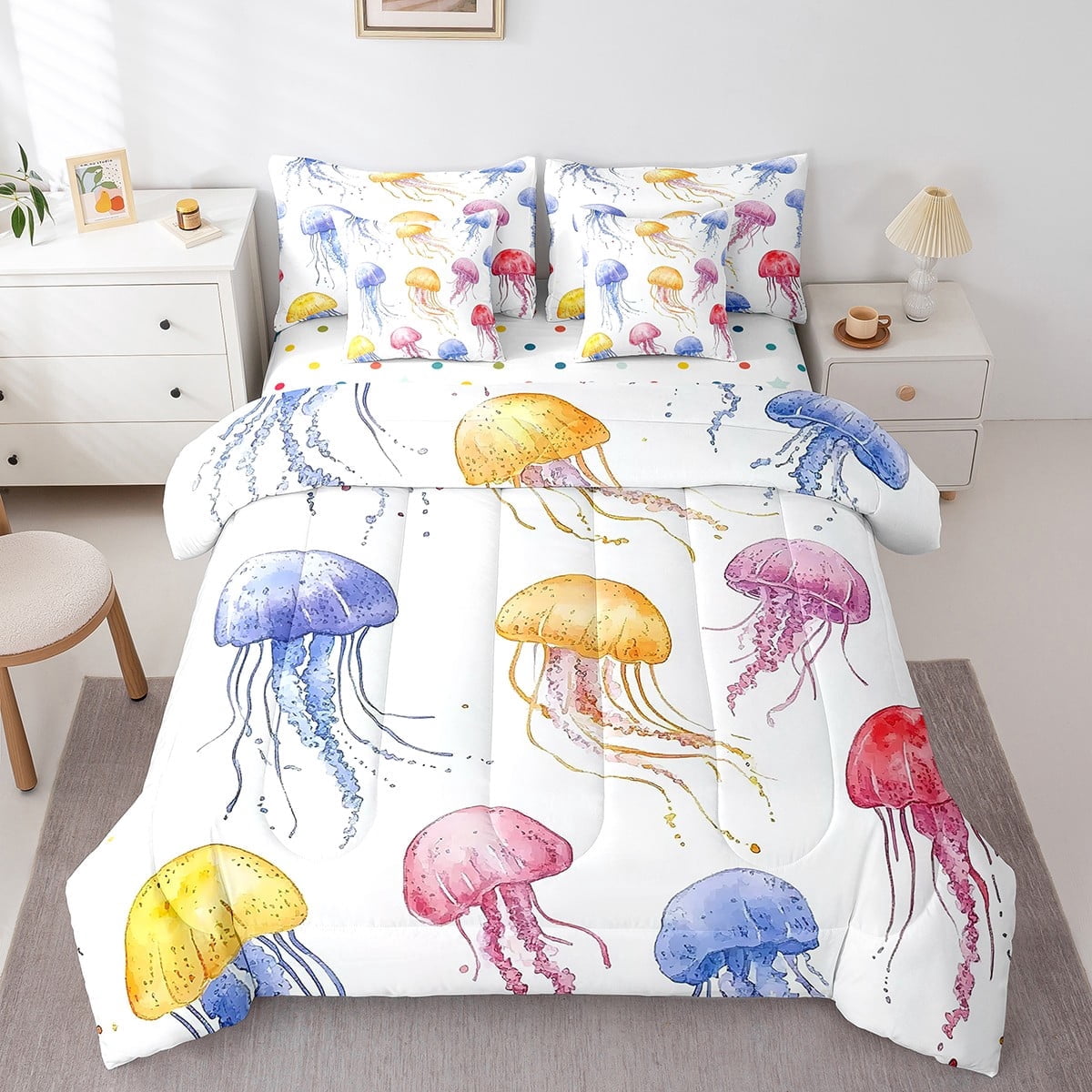 jejeloiu Watercolor Jellyfish Bedding Comforter Set 7pcs,Ocean Animal ...