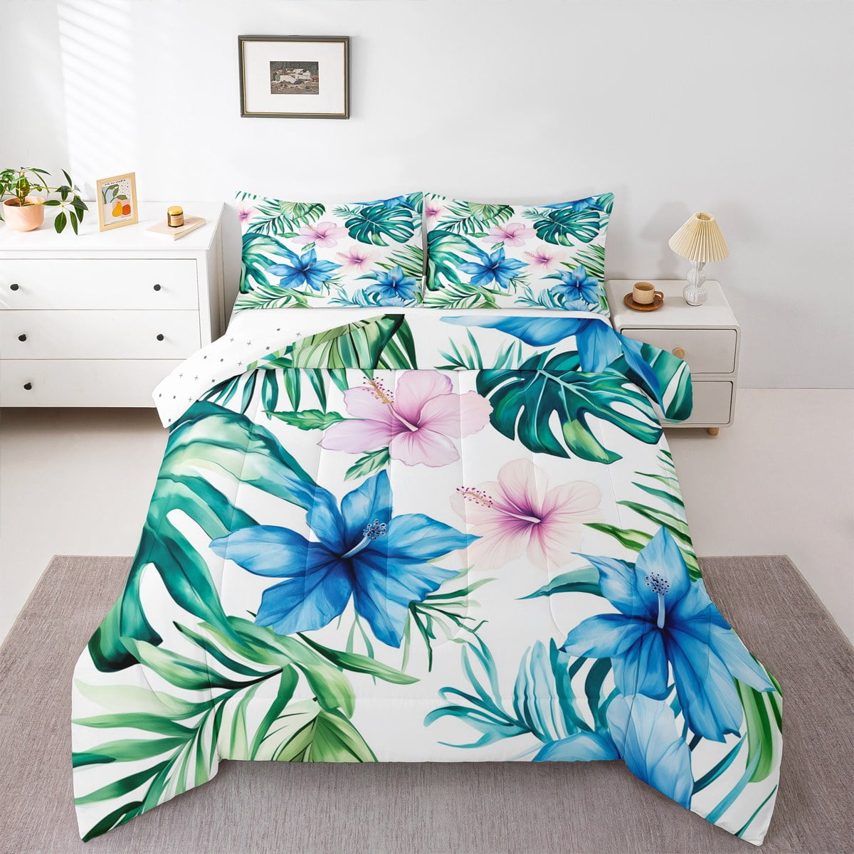 jejeloiu Watercolor Retro Flower Queen Comforter Set,Green Monstera ...
