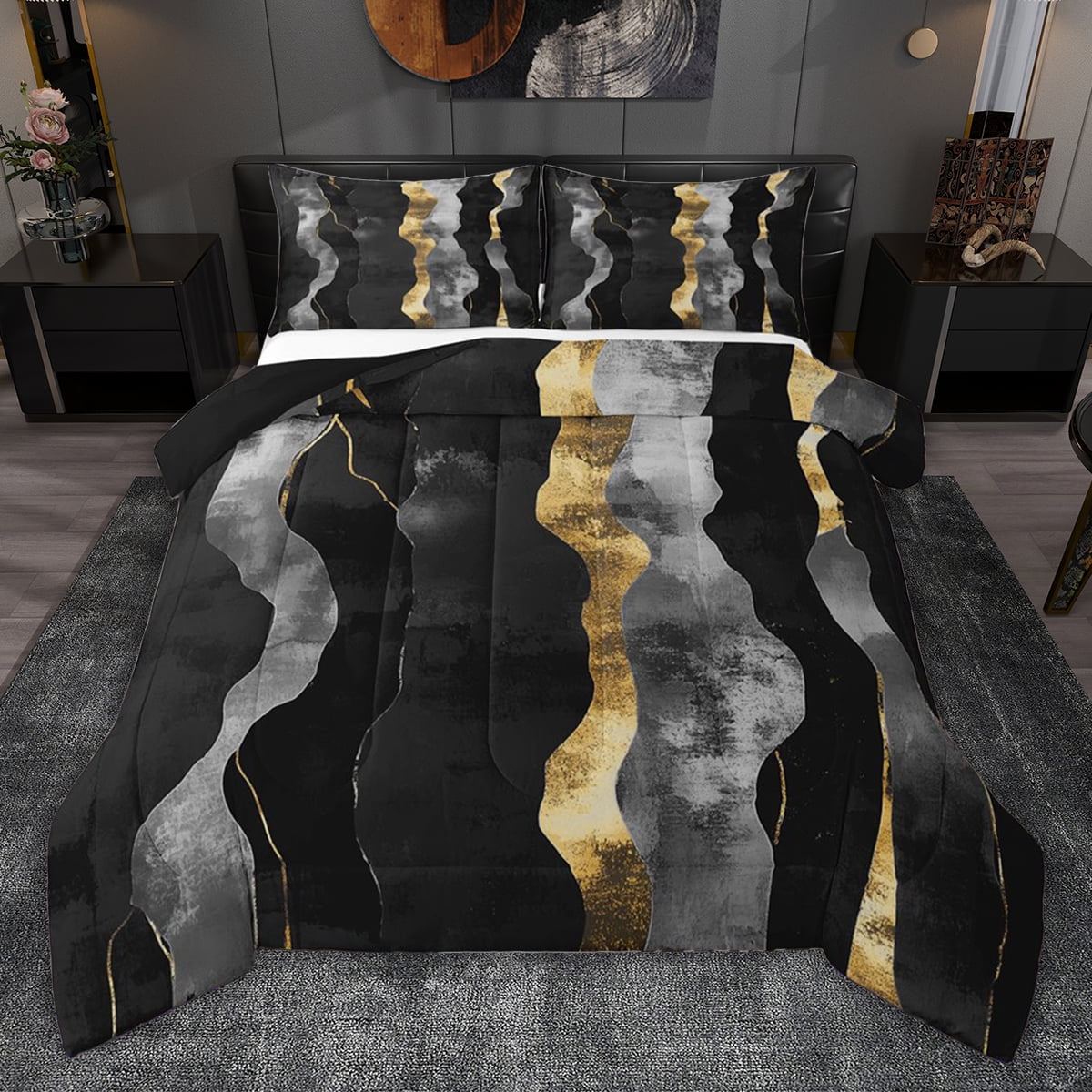 jejeloiu Waves Stripes Lines Full Size Comforter Sets,Black Gray ...