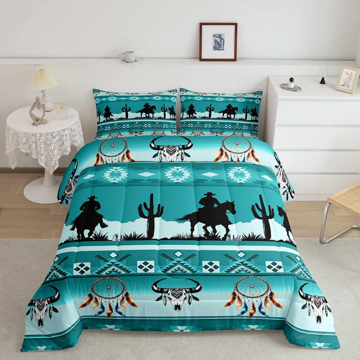 jejeloiu Weatern Cowboys Queen Comforter Set,Dreamcatcher Bull Skull ...
