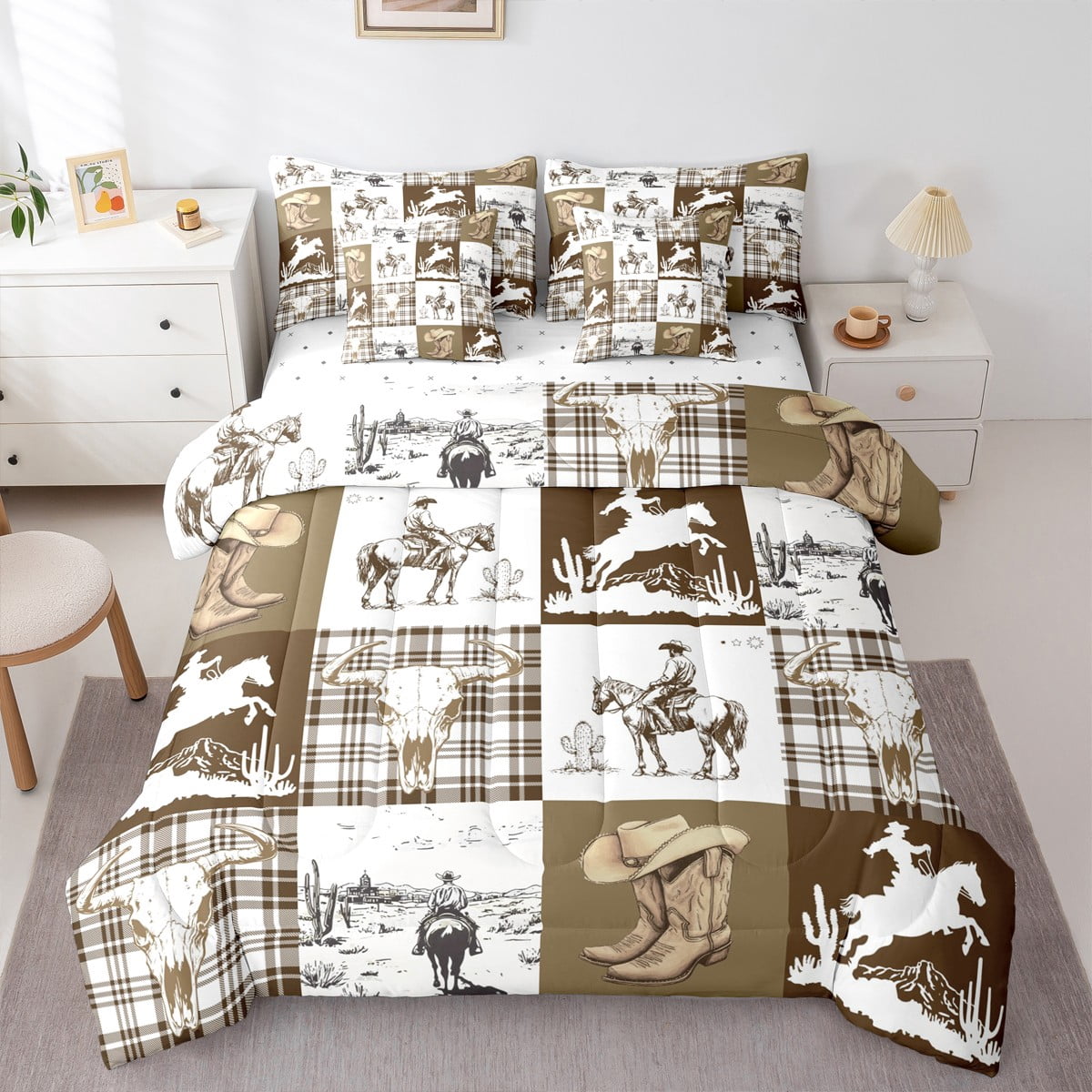 jejeloiu Western Cowboys Bedding Comforter Set 7pcs,Farm Bull Skull ...