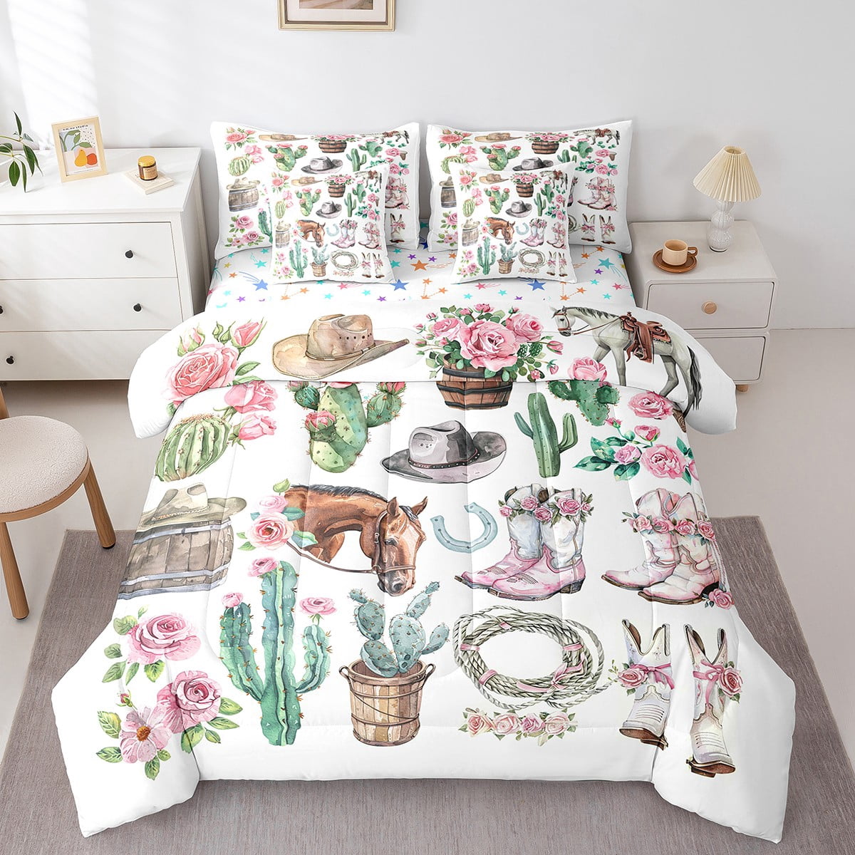 jejeloiu Western Cowgirl Boots Bedding Comforter Set 7pcs,Ruatic Flower ...