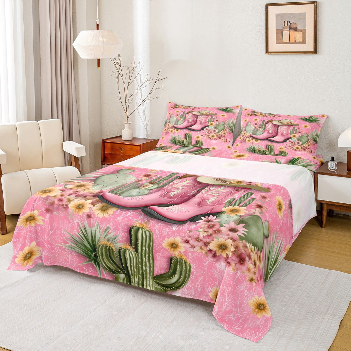 jejeloiu Western Cowgirl Boots Full Size Sheets,Retro Rustic Flowers ...