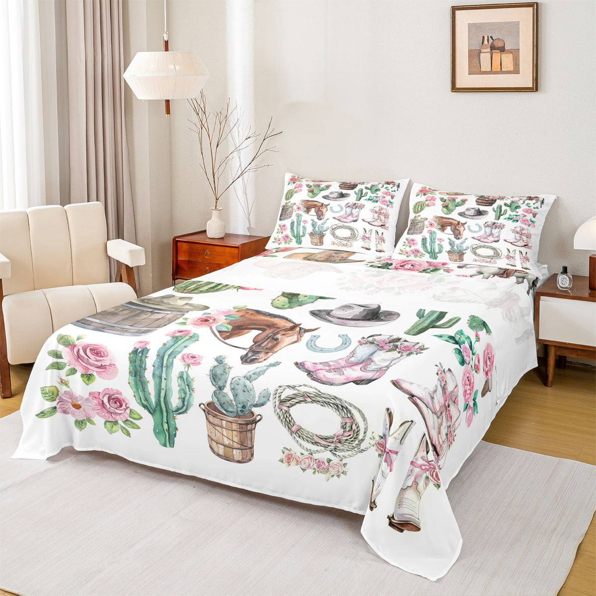 jejeloiu Western Cowgirl Boots Twin Sheet Sets,Ruatic Flower Cactus ...