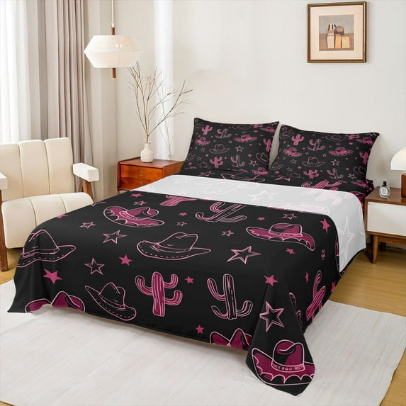 jejeloiu Western Cowgirl Hats Queen Sheet Sets,Cute Stars Print Bed Set ...