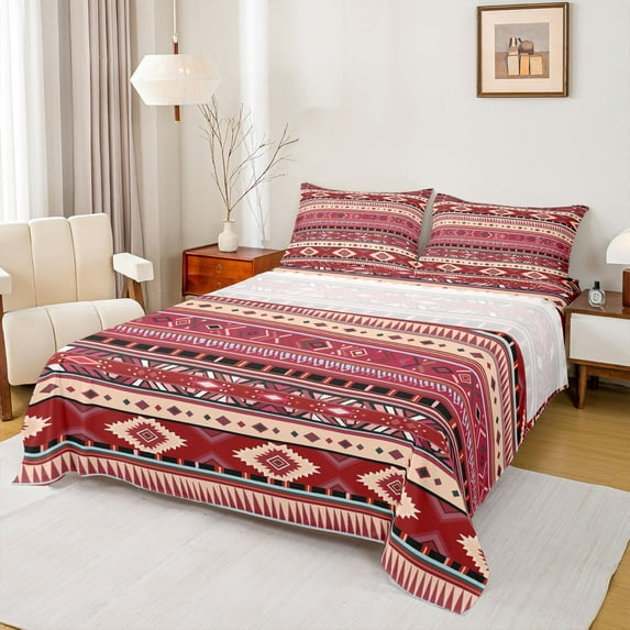 jejeloiu Western Tribal Aztec Bed Sheets,Orange Red Geometric King ...
