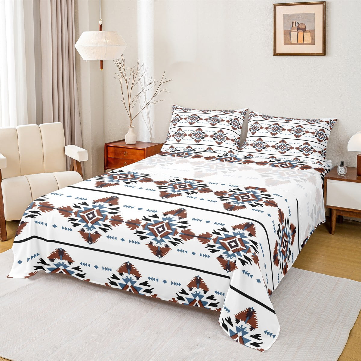 jejeloiu Western Tribal Aztec Full Size Sheets,Rustic Triangle Rhombus ...