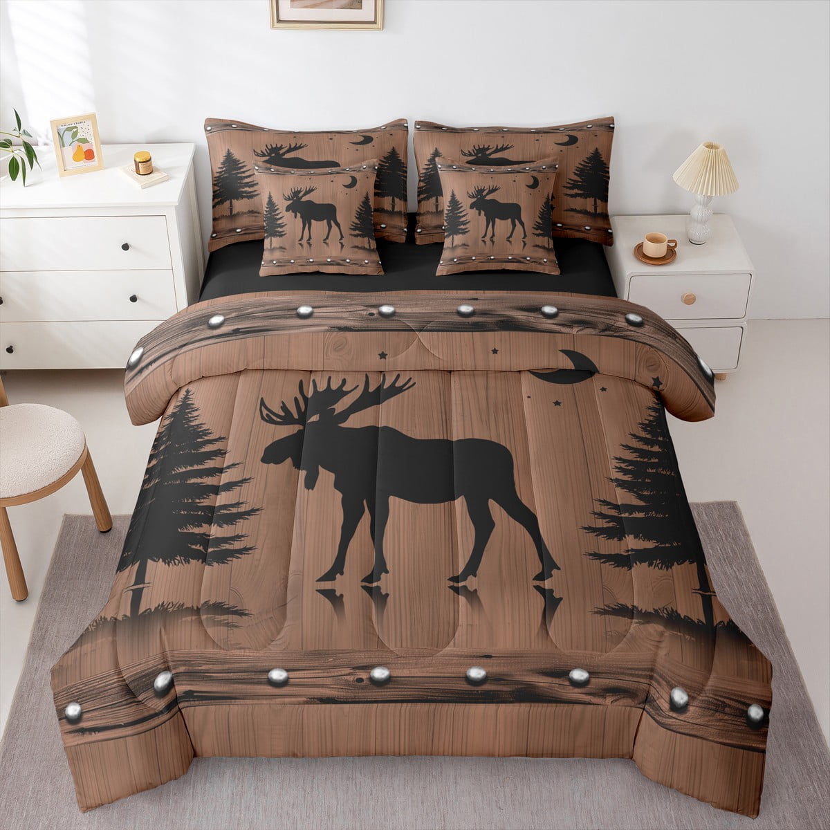 jejeloiu Wild Animal Moose Twin Bedding Sets 7-Piece,Old Wodden Board ...
