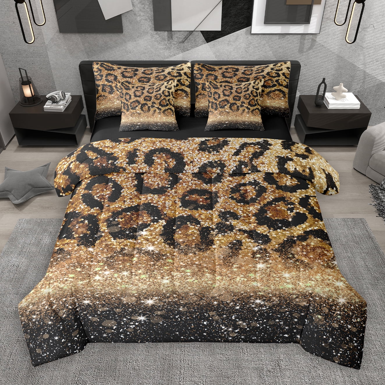 jejeloiu Wild Cheetah Pattern 7-Piece Twin Bedding Sets,Gold Glitter ...