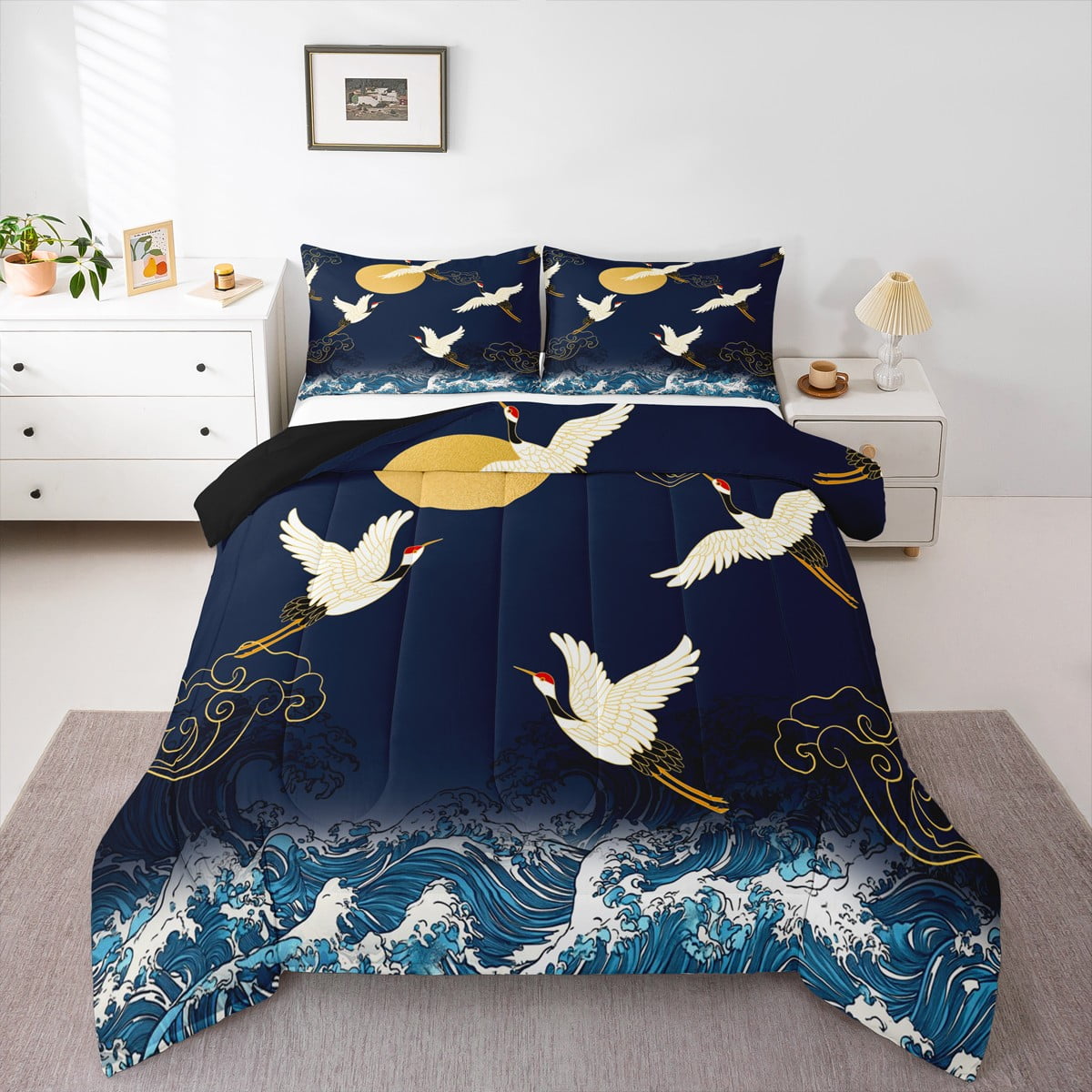 jejeloiu Wild Crane Bedding Comforter Set,Sea Waves Spiral Twin Comforter Sets,Japanese Style ...