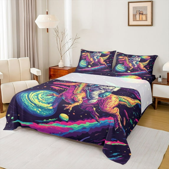 jejeloiu Wild Dinosaur Dino Queen Sheet Sets,Cartoon Astronaut Bed Set ...