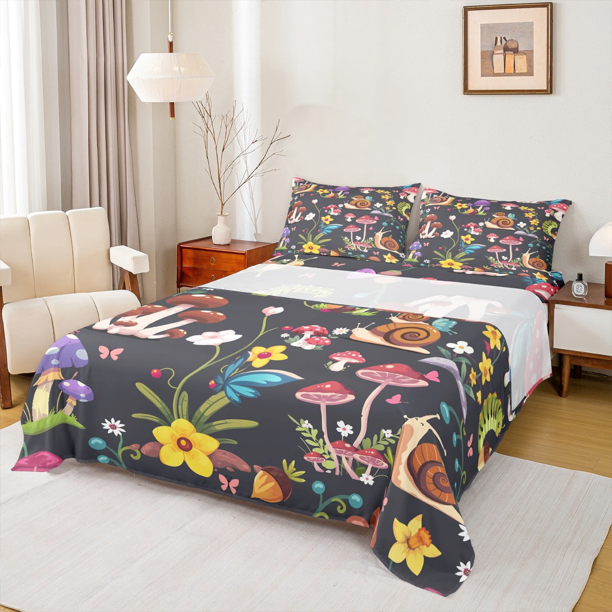 jejeloiu Wild Fungus Mushroom Full Size Sheets,Cute Rustic Flowers Bed ...