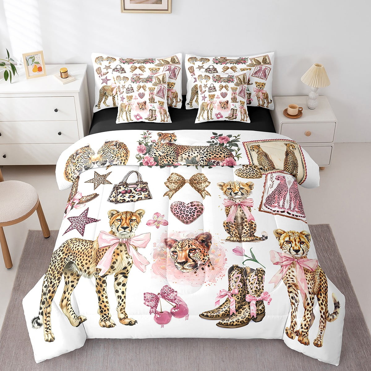 jejeloiu Wild Leopard Bedding Comforter Set 7pcs,Jungle Animal Cheetah ...