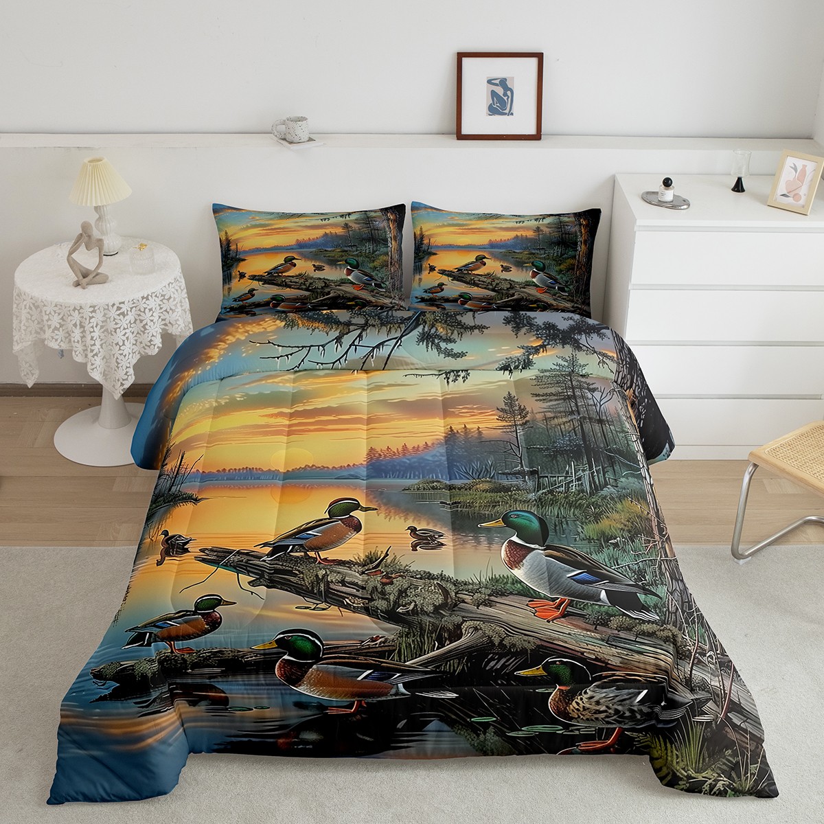 jejeloiu Wild Mallard Queen Comforter Set,Natural Lake Woodland Bedding ...