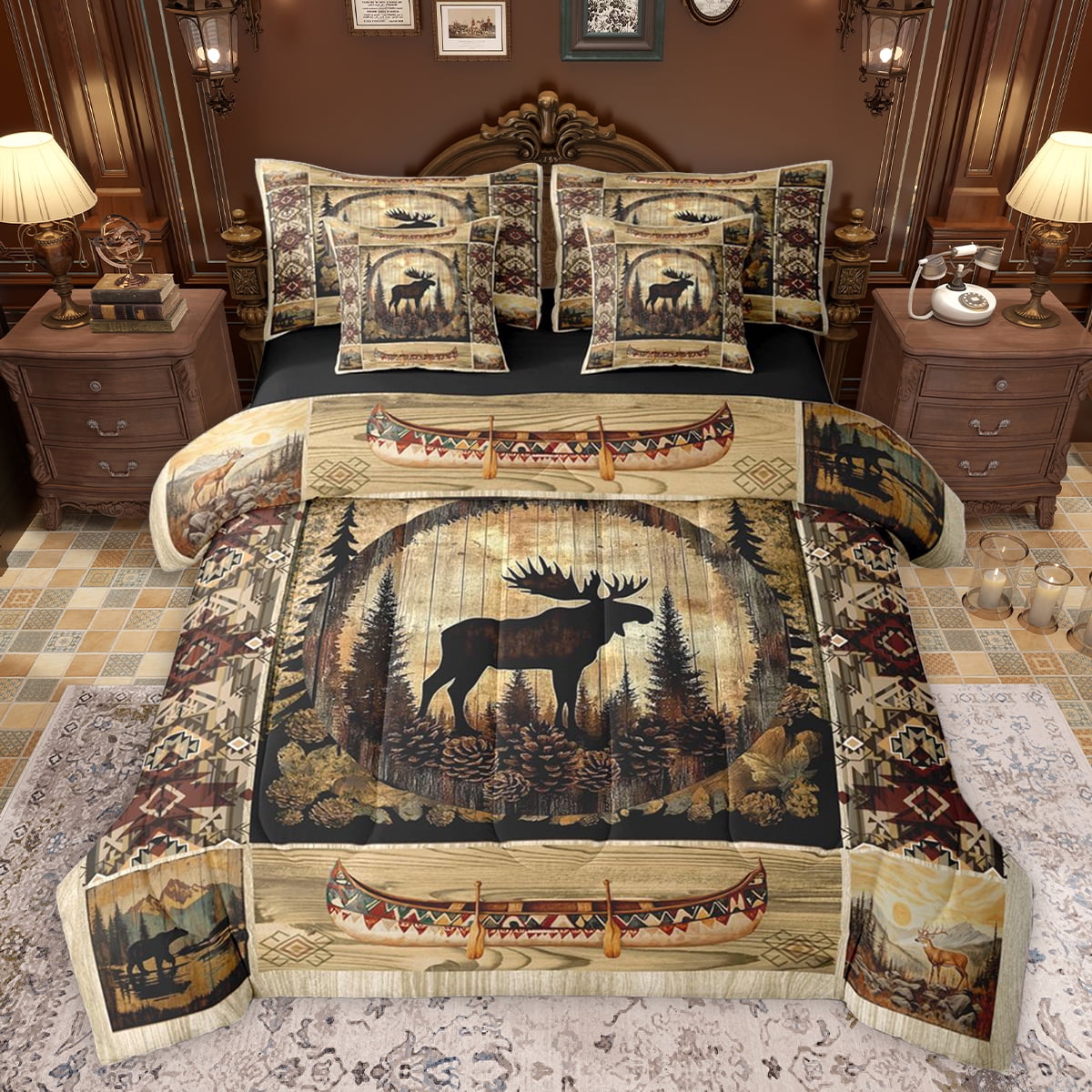 jejeloiu Wildlife Moose 7-Piece Bedding Comforter Set,Retro Aztec Print ...