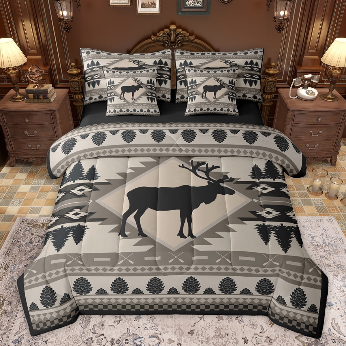 jejeloiu Woodland Animal Moose 7pcs Bedding Comforter Set,Aztec ...