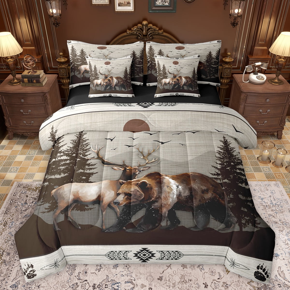 jejeloiu Woodland Animal Moose 7pcs Bedding Comforter Set,Aztec ...