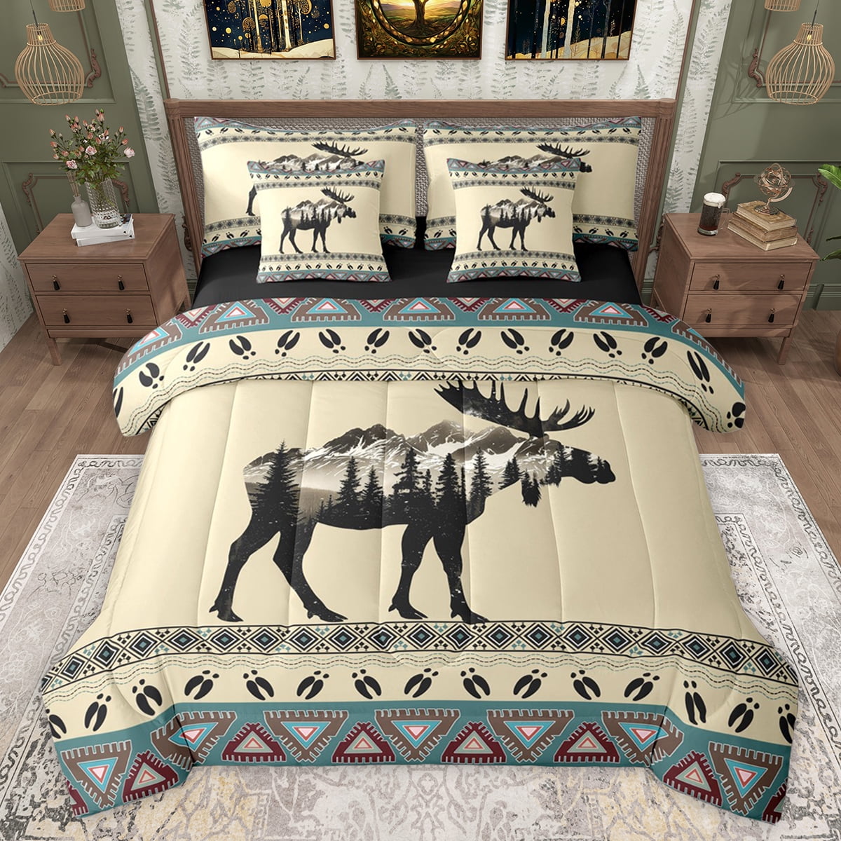 jejeloiu Woodland Animal Moose 7pcs Bedding Comforter Set,Vintage ...