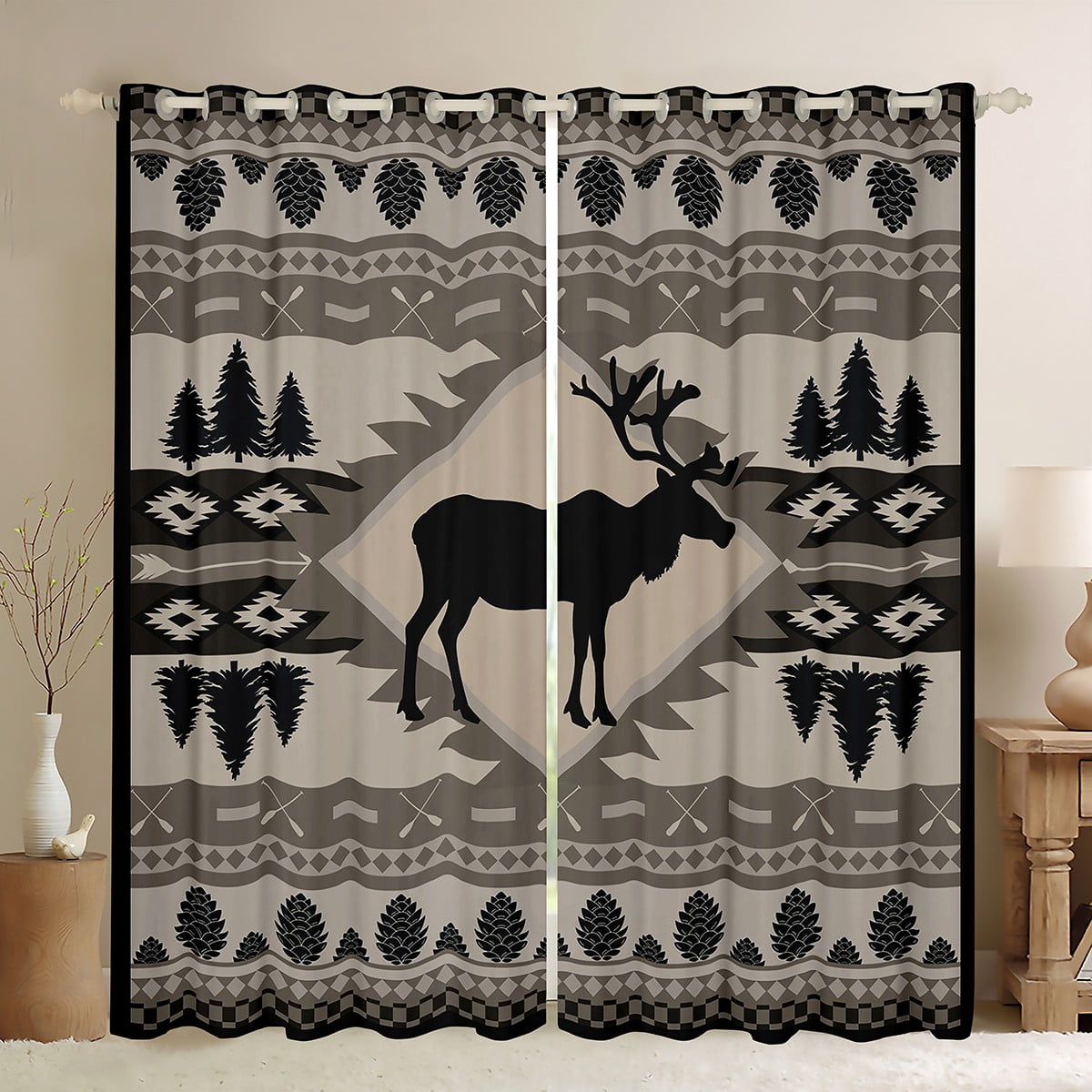 jejeloiu Woodland Animal Moose Black Out Curtains,Aztec Geometric ...