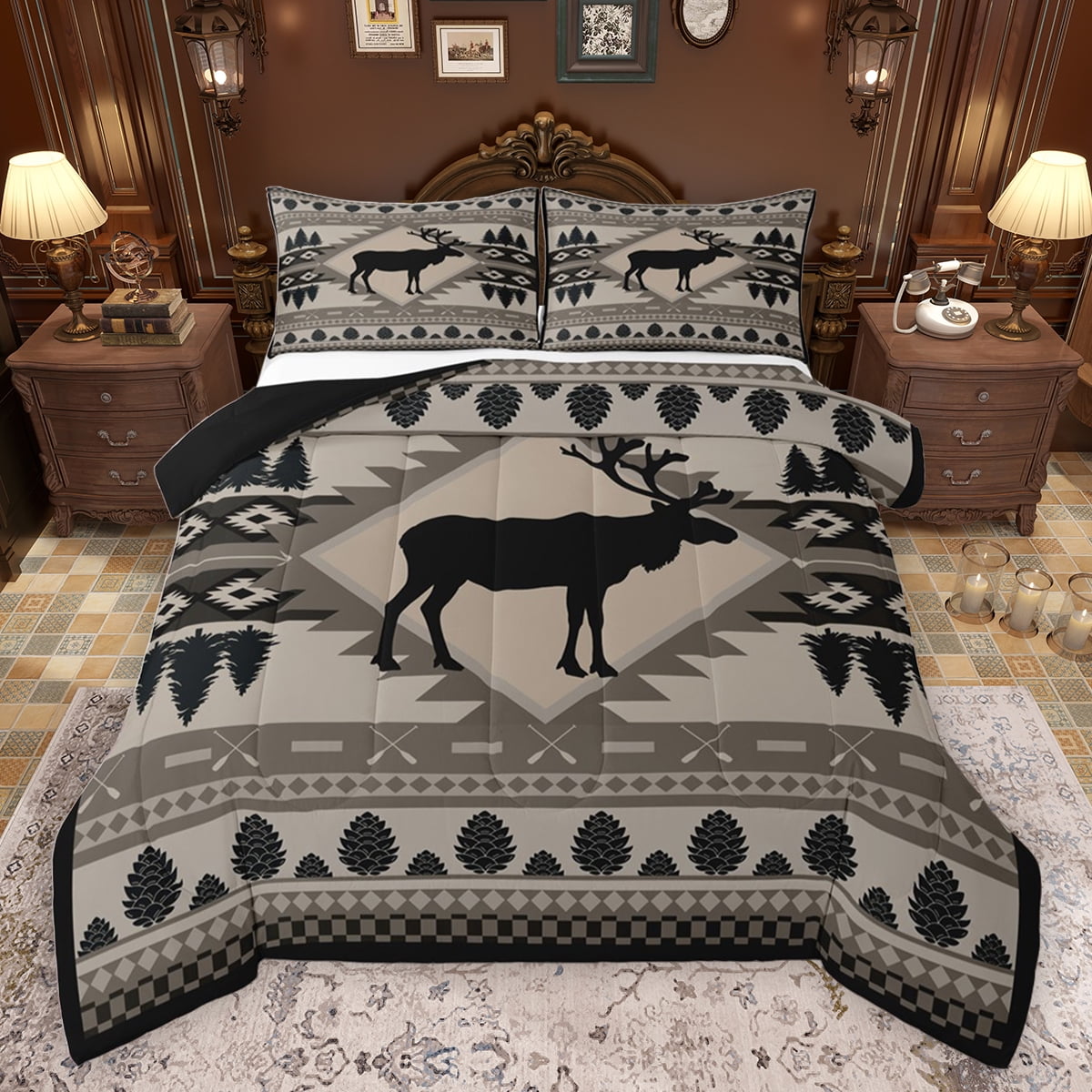 jejeloiu Woodland Animal Moose Full Size Comforter Sets,Aztec Geometric ...