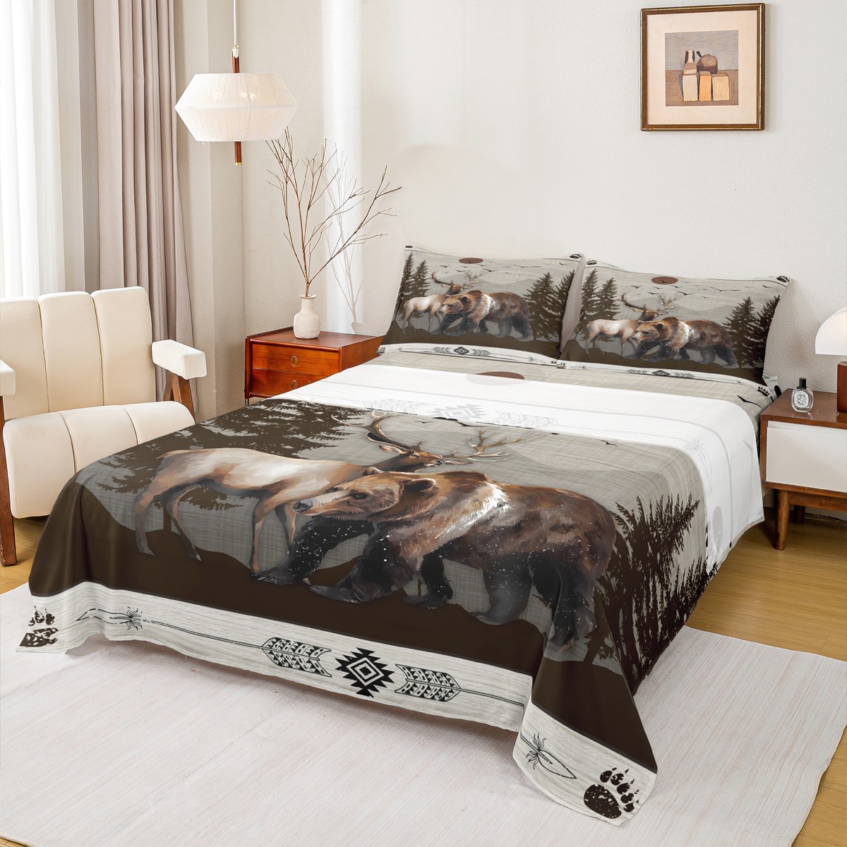 jejeloiu Woodland Animal Moose Twin Sheet Sets,Aztec Geometric Rhombus ...