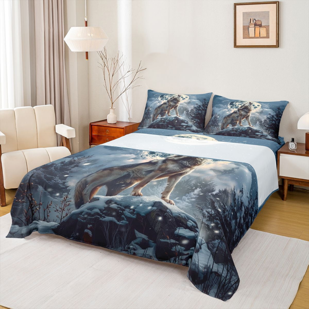 jejeloiu Woodland Animal Wolf Queen Sheet Sets,Nature Landscape ...