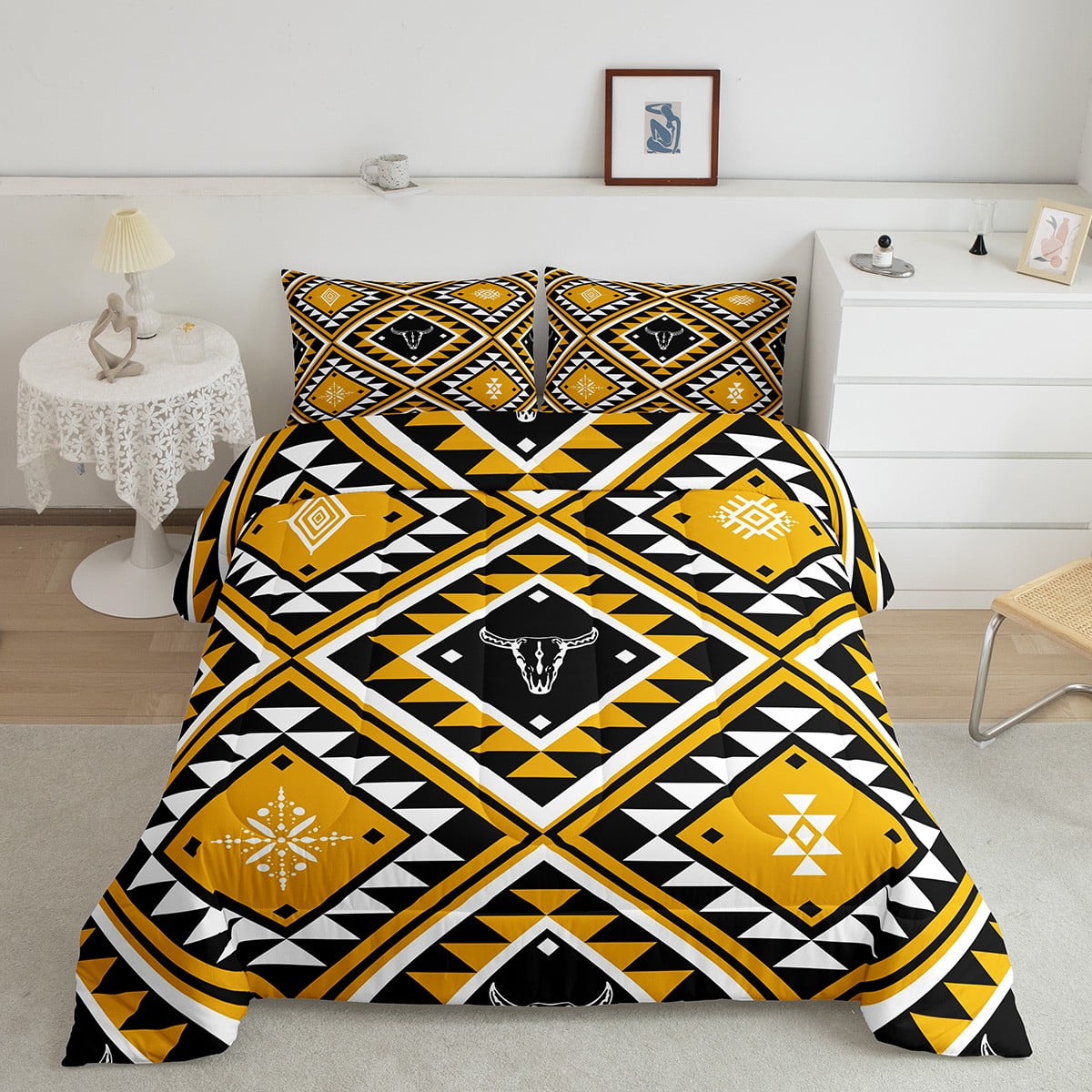 jejeloiu Yellow Boho Bohemain Bedding Comforter Set,Vintage Aztec Print ...