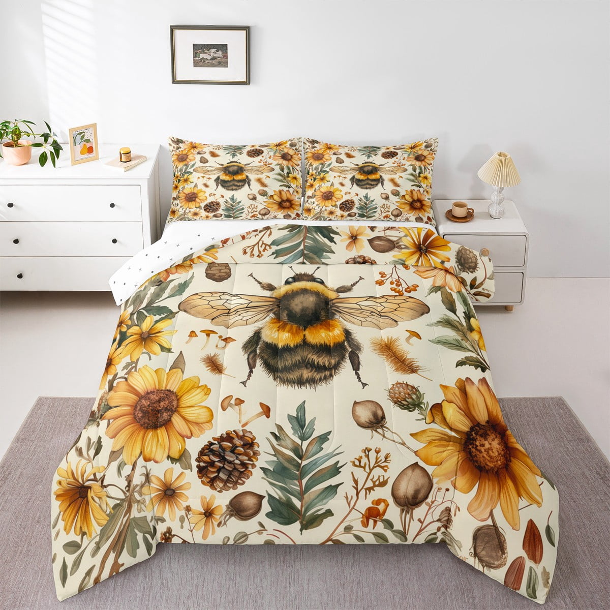 jejeloiu Yellow Honey Bee Bedding Comforter Set,Rustic Sunflower Floral ...