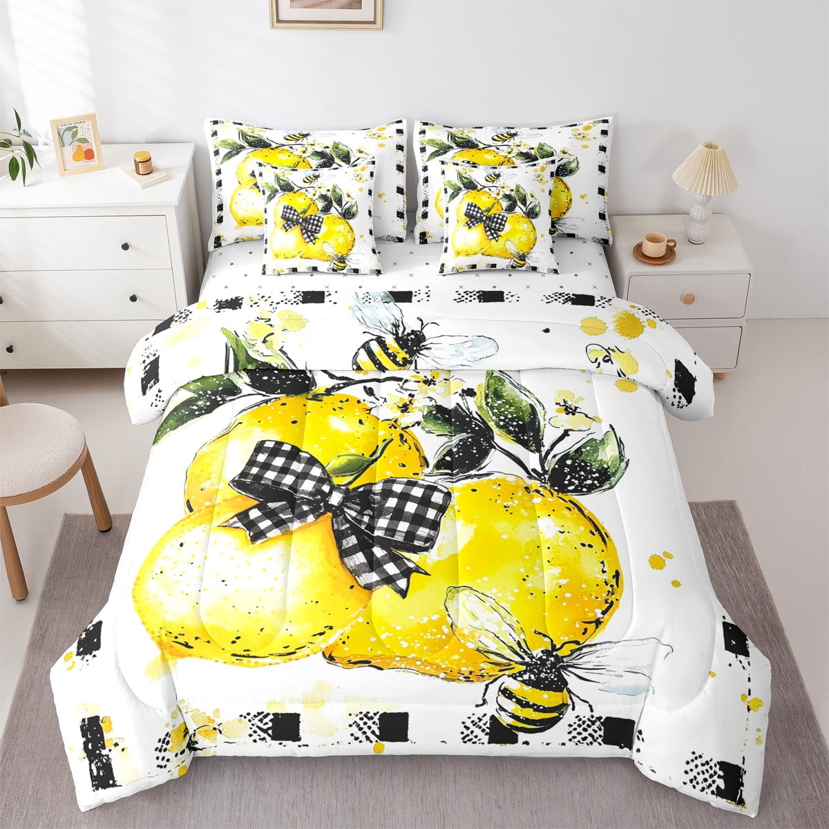 jejeloiu Yellow Lemon Bedding Comforter Set 7pcs,Cute Bow Bowtie Queen ...