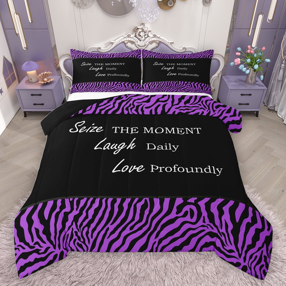 jejeloiu Zebra Striped Texture Queen Comforter Set,Inspirational Quote ...