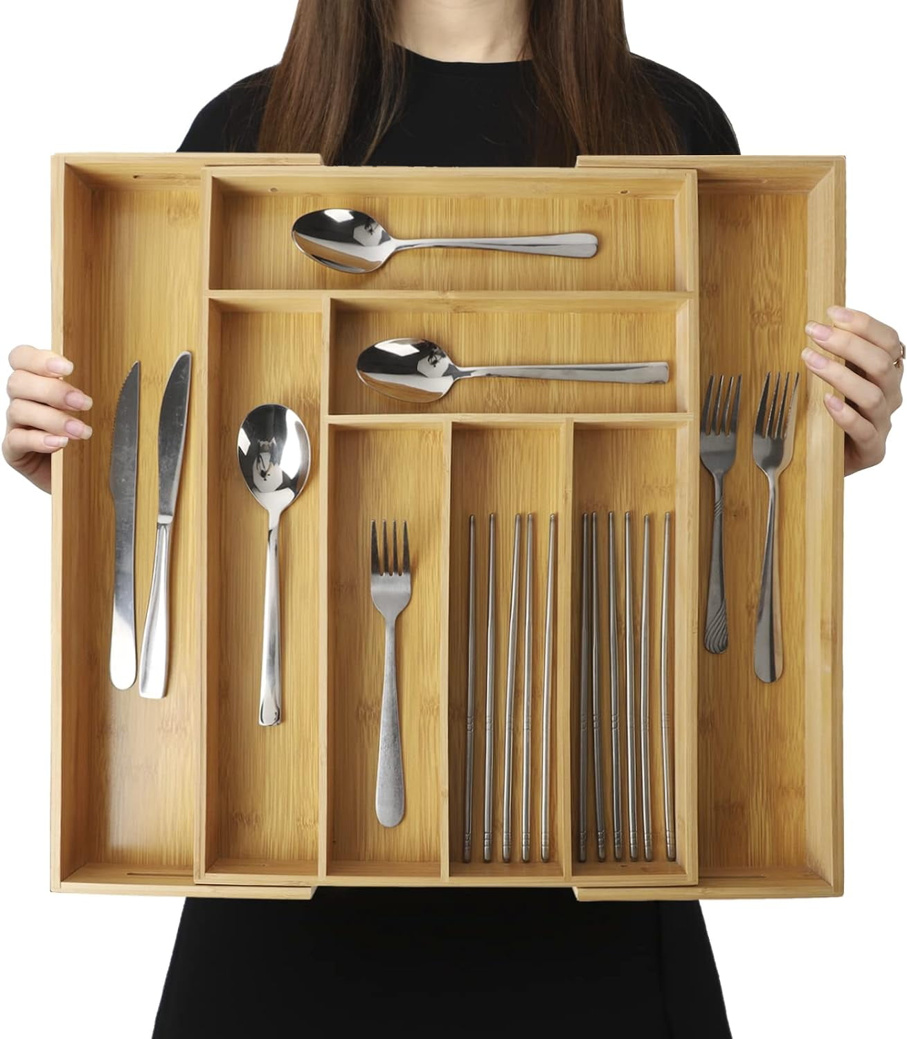 jhgdfybl Stack Bamboo Drawer Organizer Kitchen Utensil Flatware ...