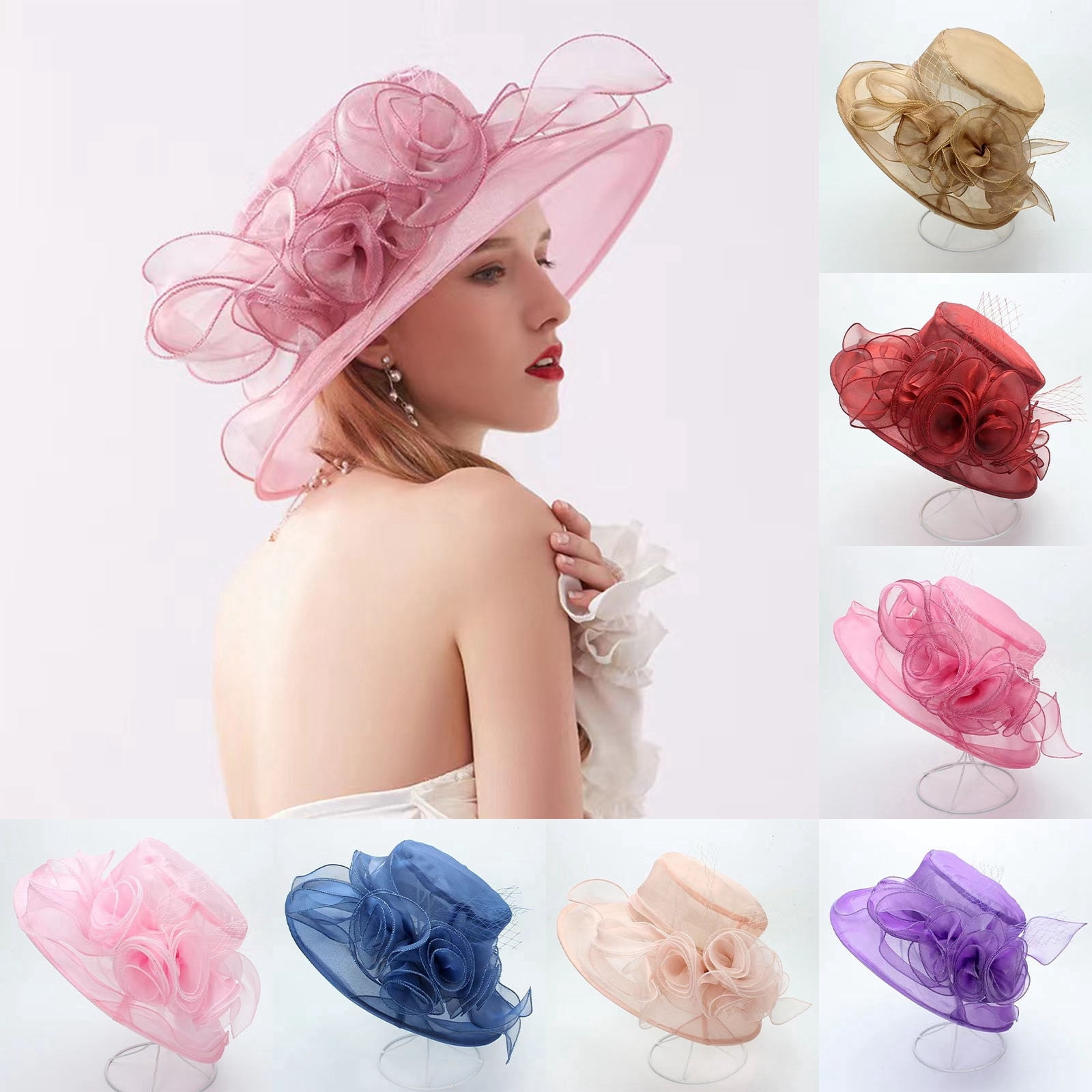 jiaxiM Derby Hats for Women Vintage Organza Floral Wide Brim Elegant ...